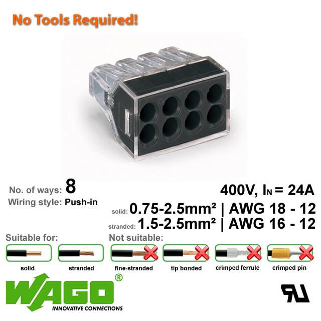 Wago 773-108 Push Wire Connector - 8 Way for Aluminum Conductors - WAGO ...