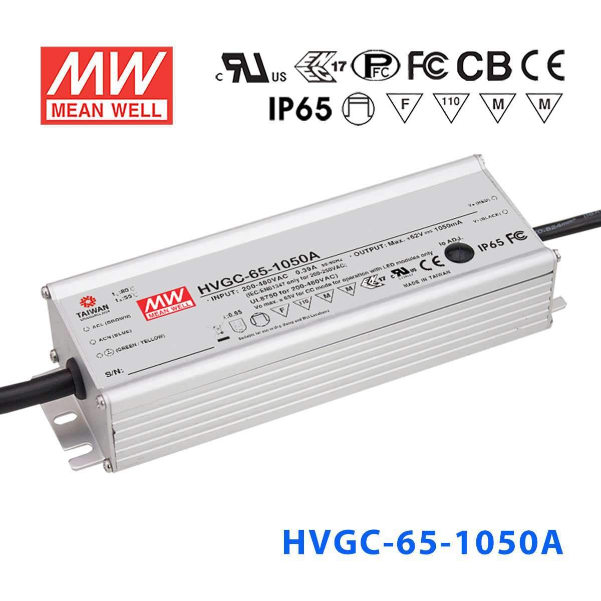Mean Well HVGC Series HVGC-65-1050A Constant Current LED Driver ...